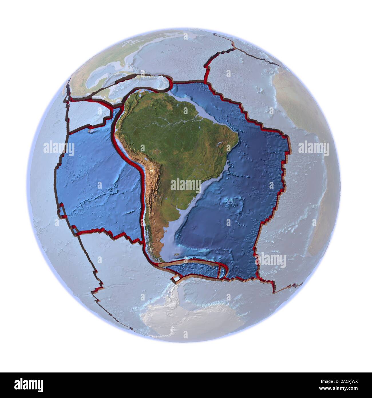 Global tectonics. Satellite-based artwork of an Earth globe centred on ...