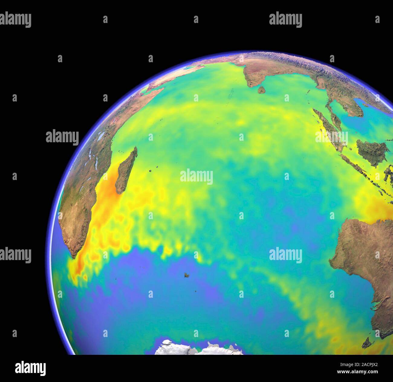 Indian Ocean, surface temperatures. Computer graphic of the Indian ...