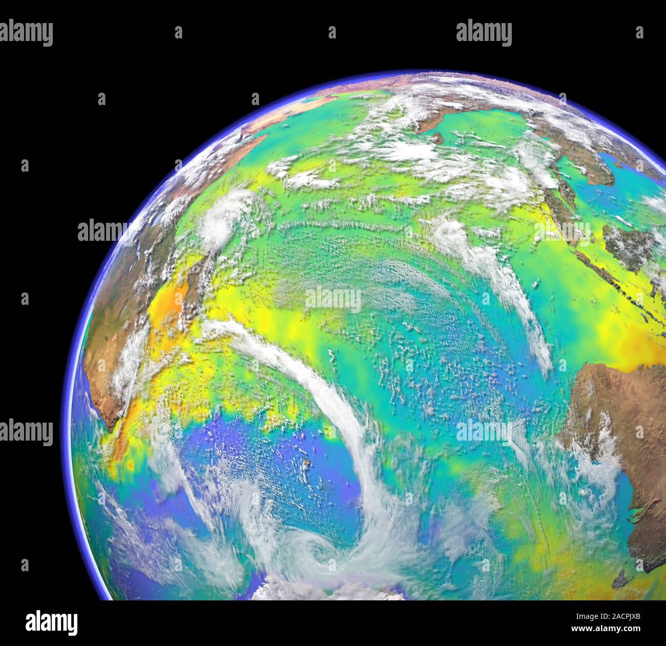 Indian Ocean, surface temperatures and clouds. Computer graphic of the ...