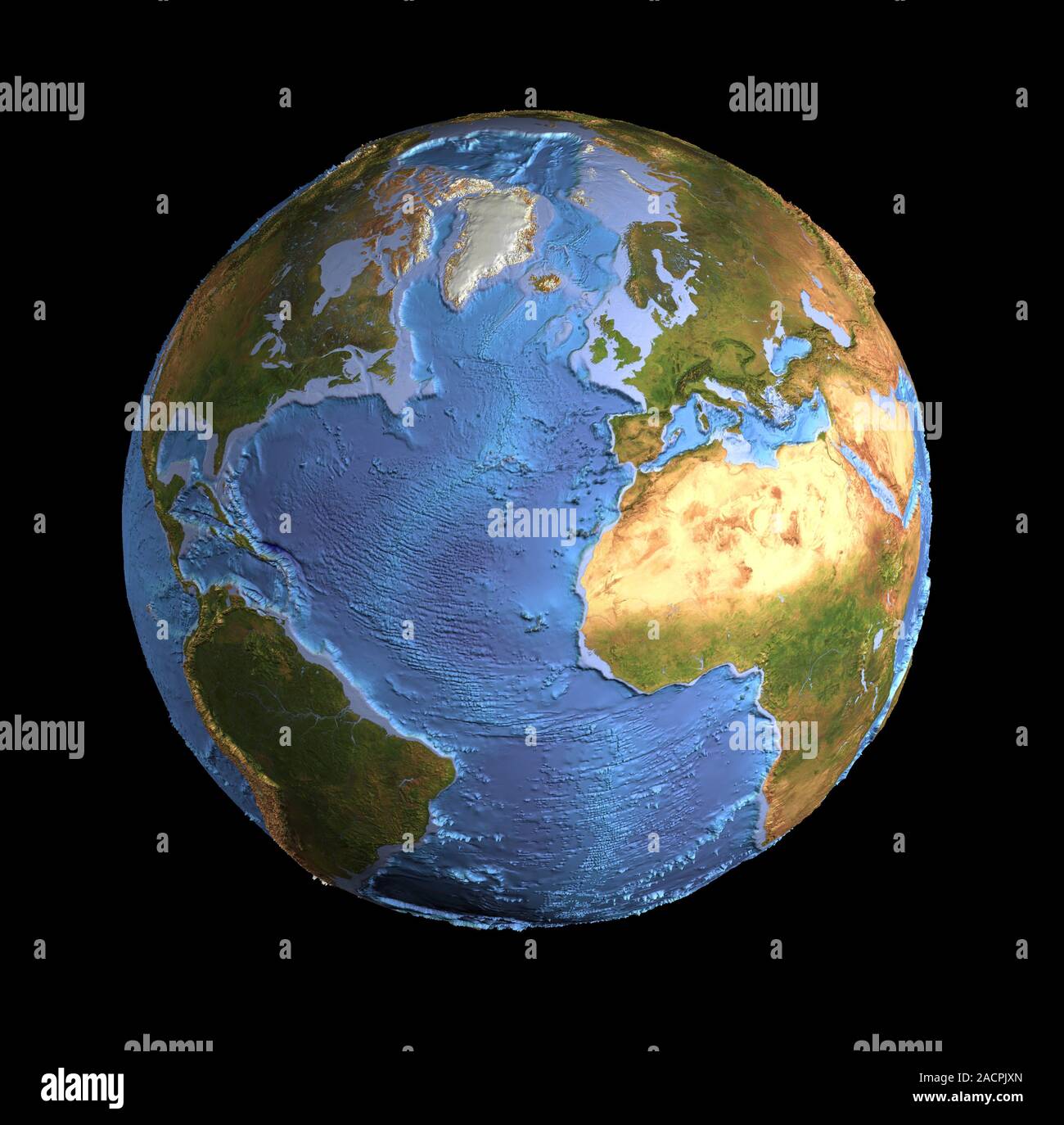Atlantic Ocean, sea floor topography. Computer graphic of an Earth ...