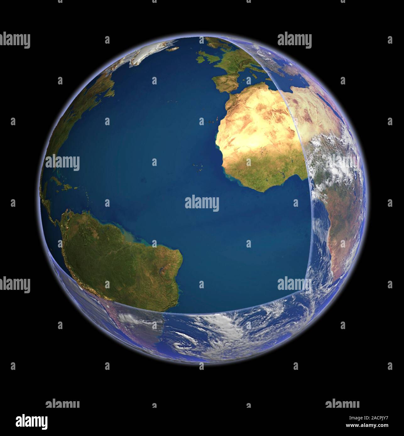 Earth's atmosphere, cutaway Earth globe. Computer graphic of an Earth ...