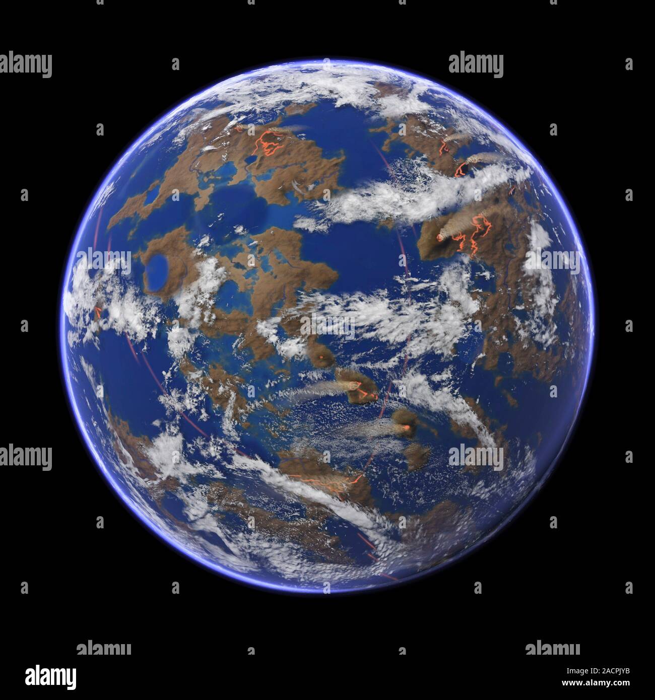 Early Earth globe, artwork. On this early Earth, the first continents ...