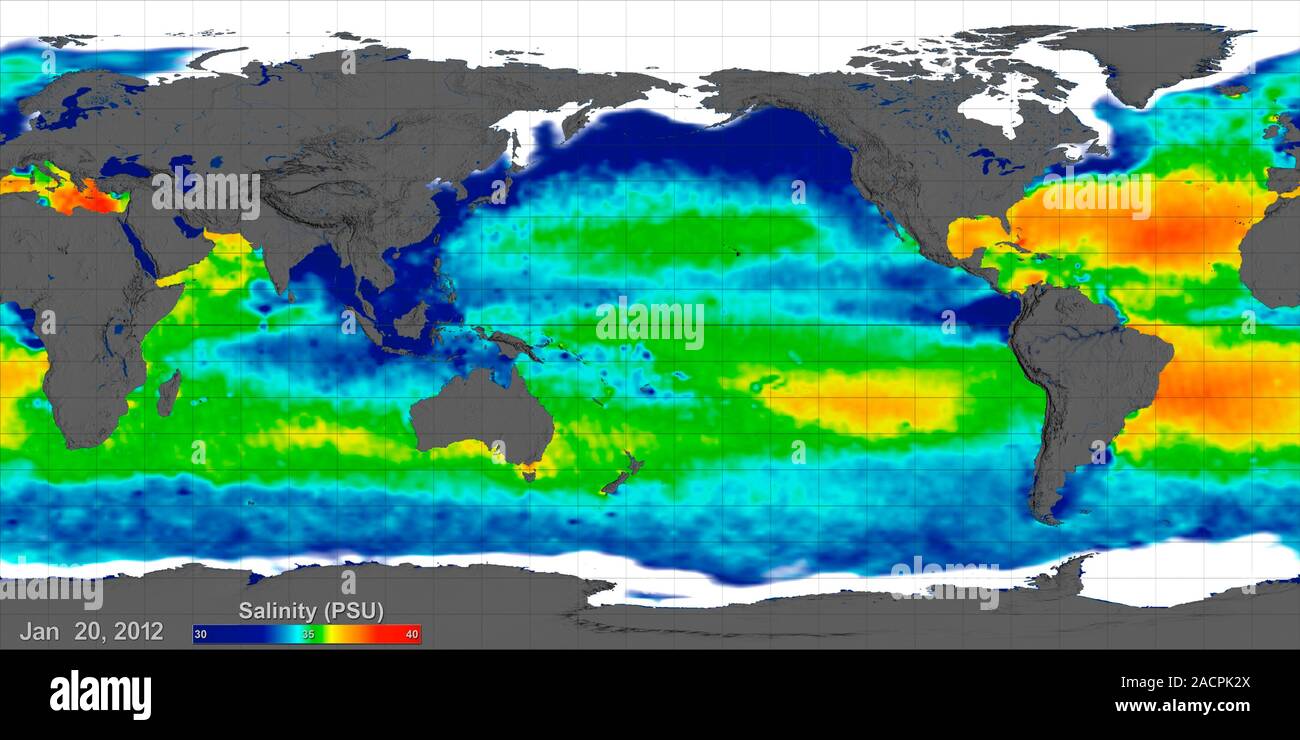Sea surface salinity, 20 January 2012 global map. The salinity (salt ...