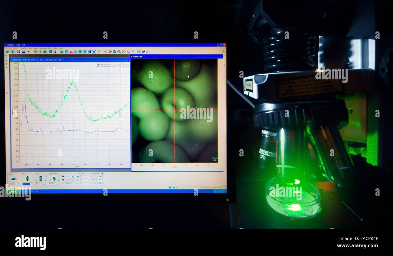 Raman laser spectroscopy. Close-up of a display screen, laser beams ...