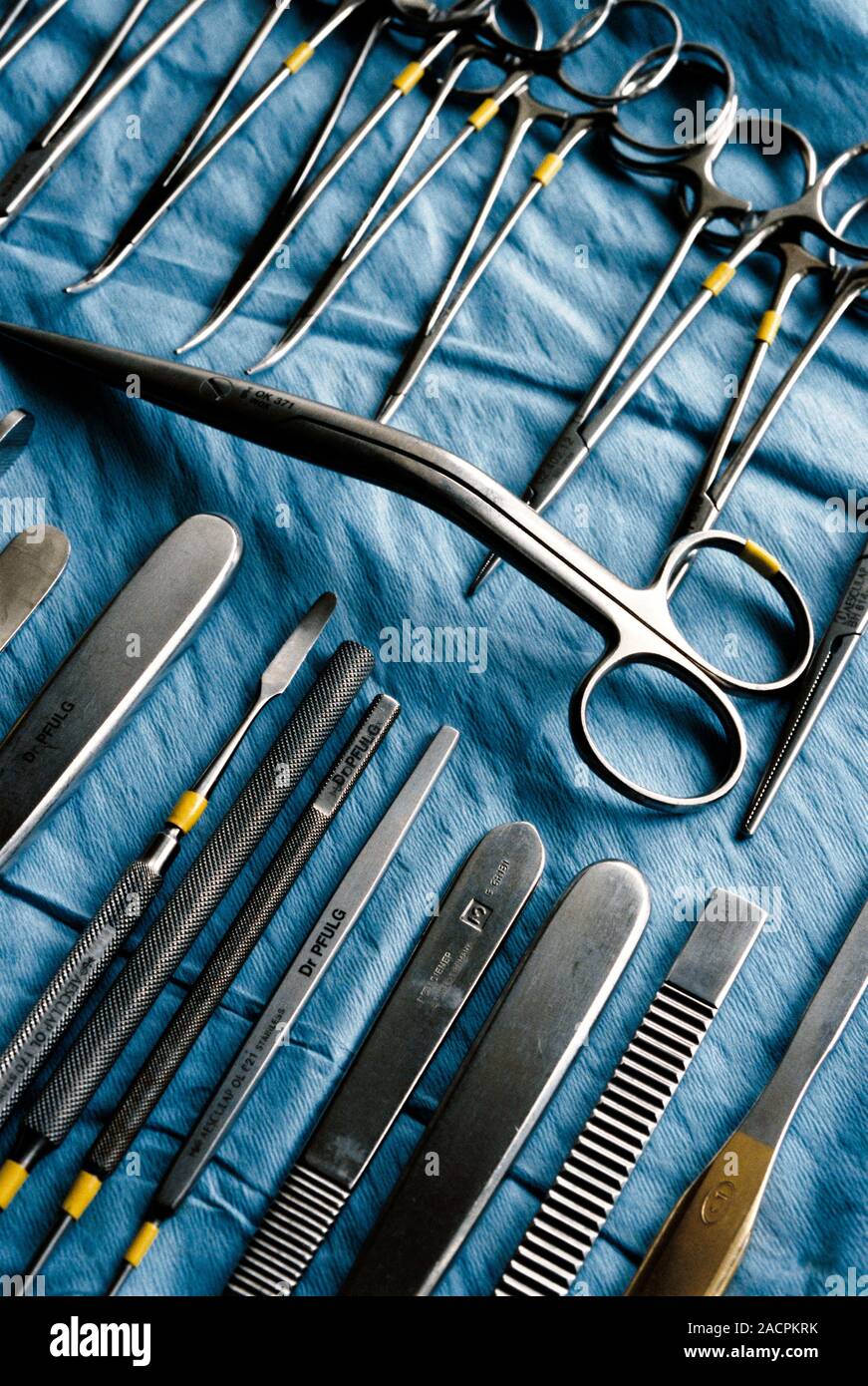 Cosmetic surgery tools. Close-up of sterile surgical implements ready ...