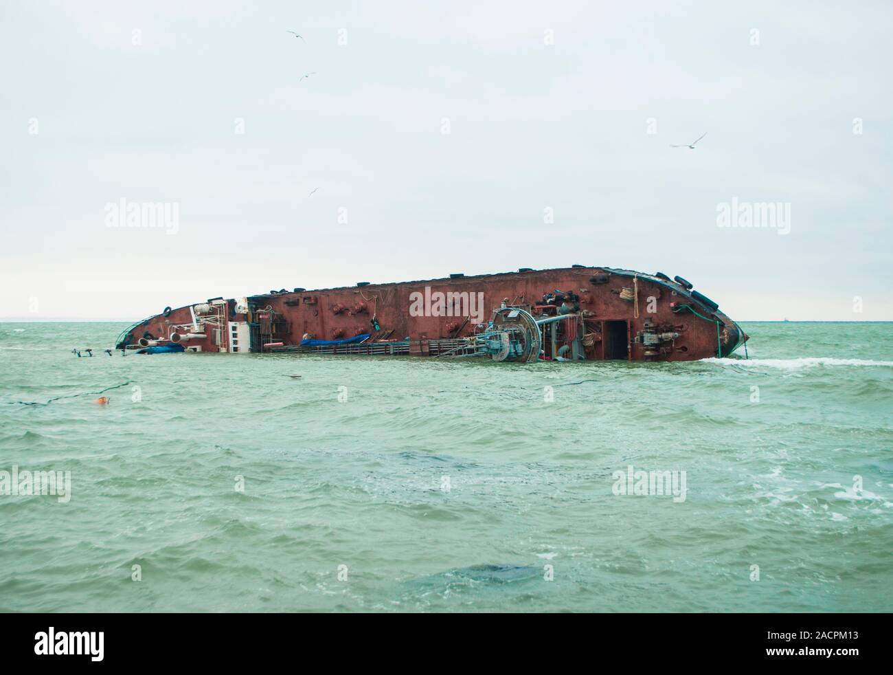 Ecological catastrophe. Oil pollution of the sea. Shipwreck close to ...