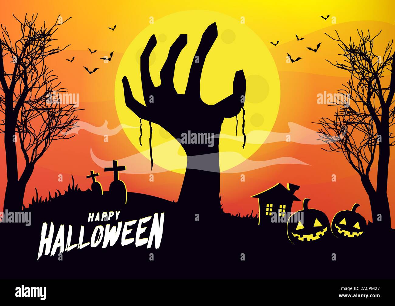 Zombie hand rising out from the ground in full moon night. Happy ...