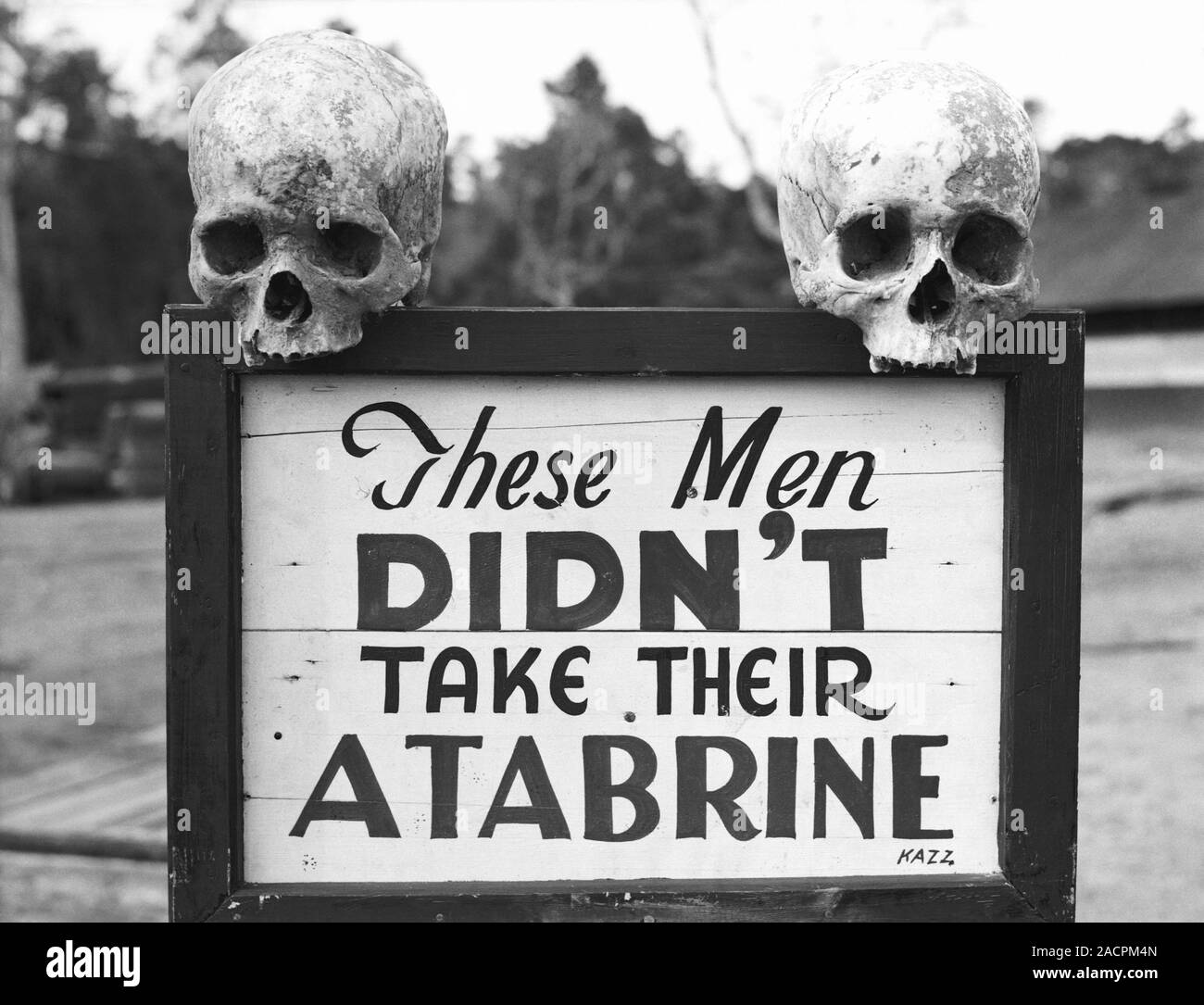 Malaria drug warning. Skulls on a warning sign at a US Army hospital ...