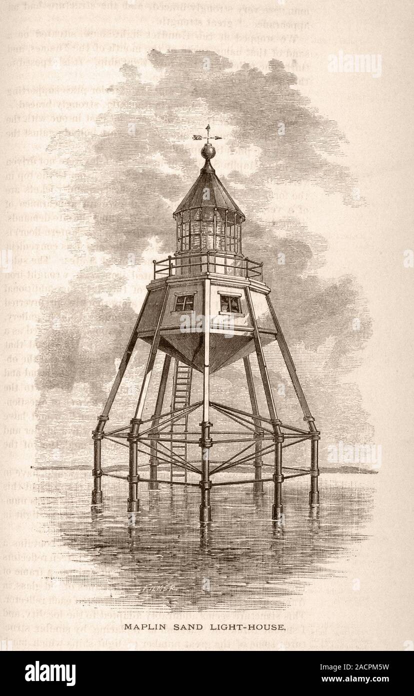 Maplin Sands lighthouse. 19th-century artwork of the screw-pile ...