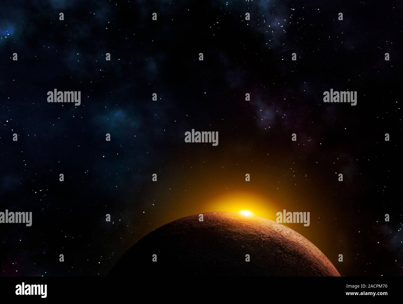 Alien sunrise. Computer artwork showing an alien sun rising behind a ...