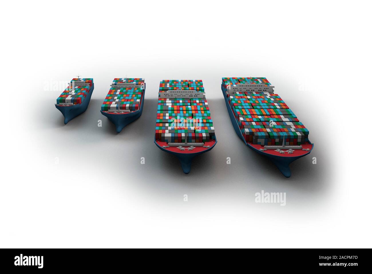 Container ship size comparison. Computer artwork showing the ...