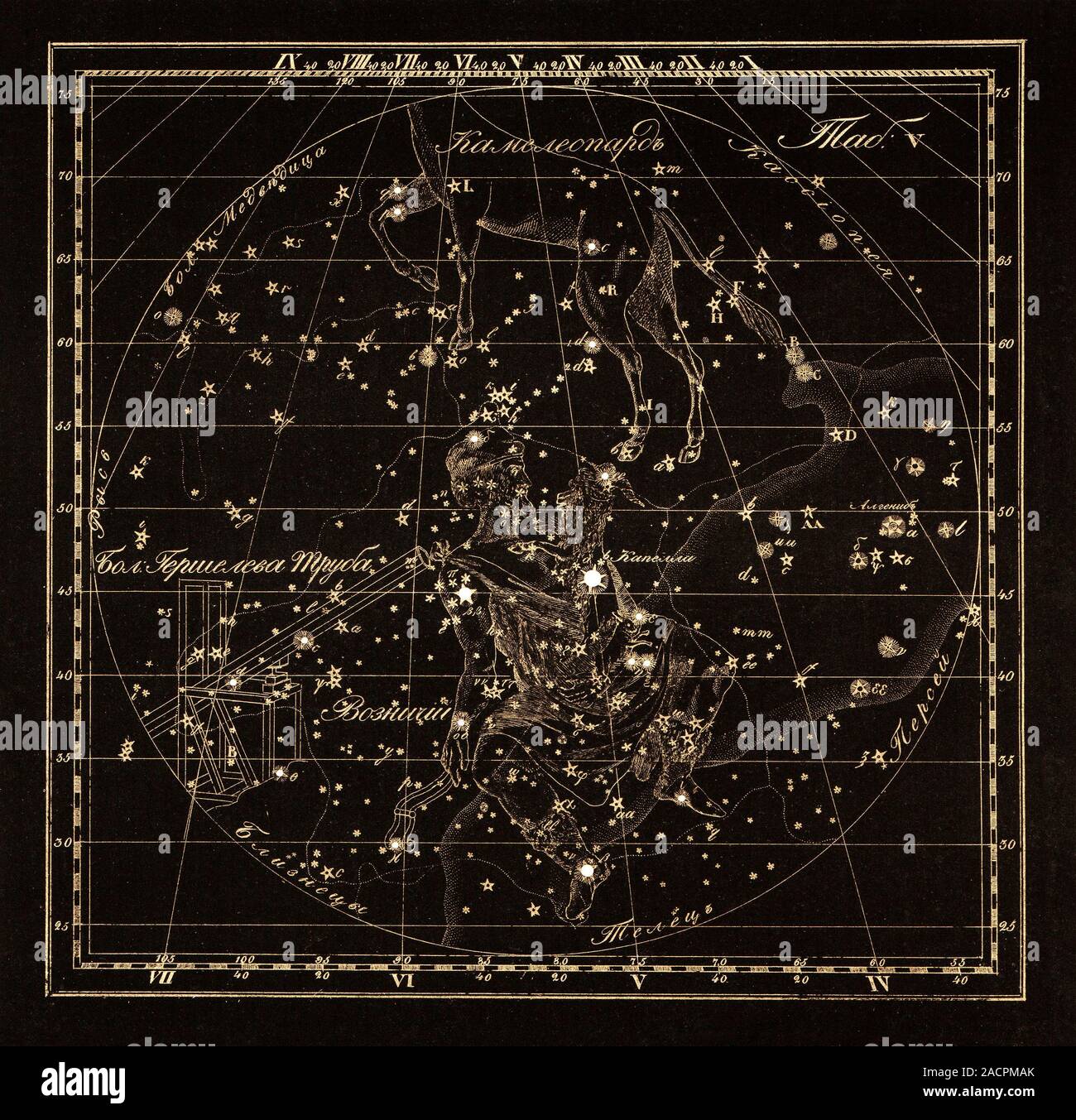Auriga constellations. 19th-century map of stars and constellations ...