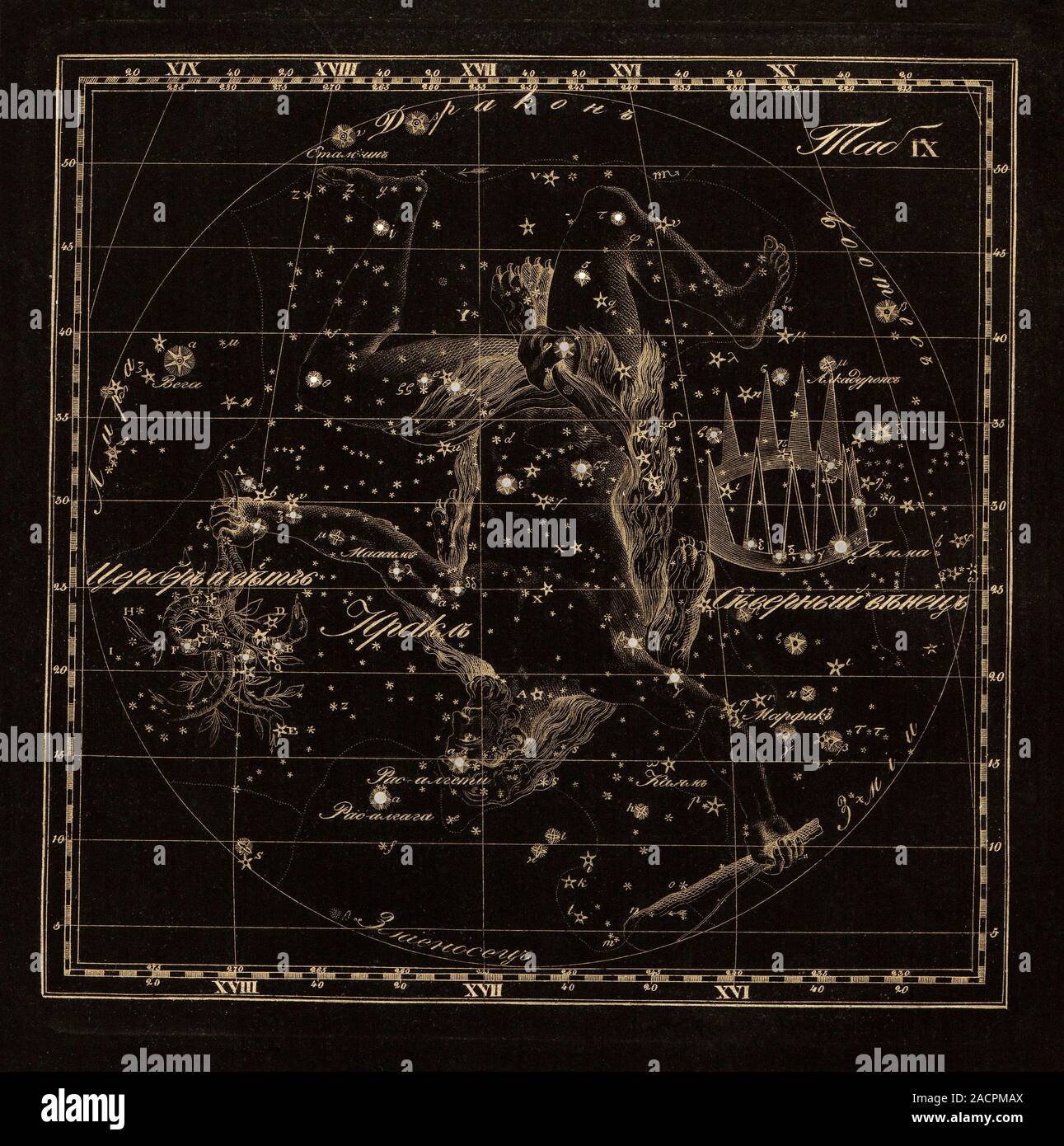 Hercules constellations. 19th-century map of stars and constellations ...