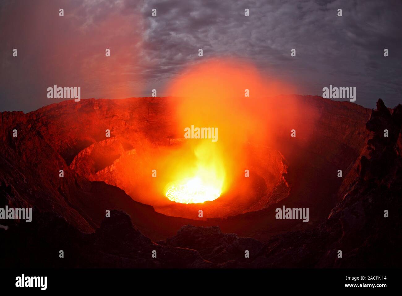 Nyiragongo volcano, Congo. View of the lava lake in the crater of Mount ...