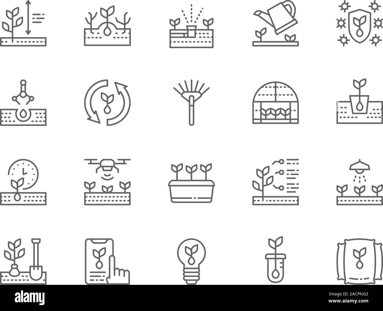 Set of Planting Line Icons. Weed Control, Rake, Greenhouse, Agriculture ...