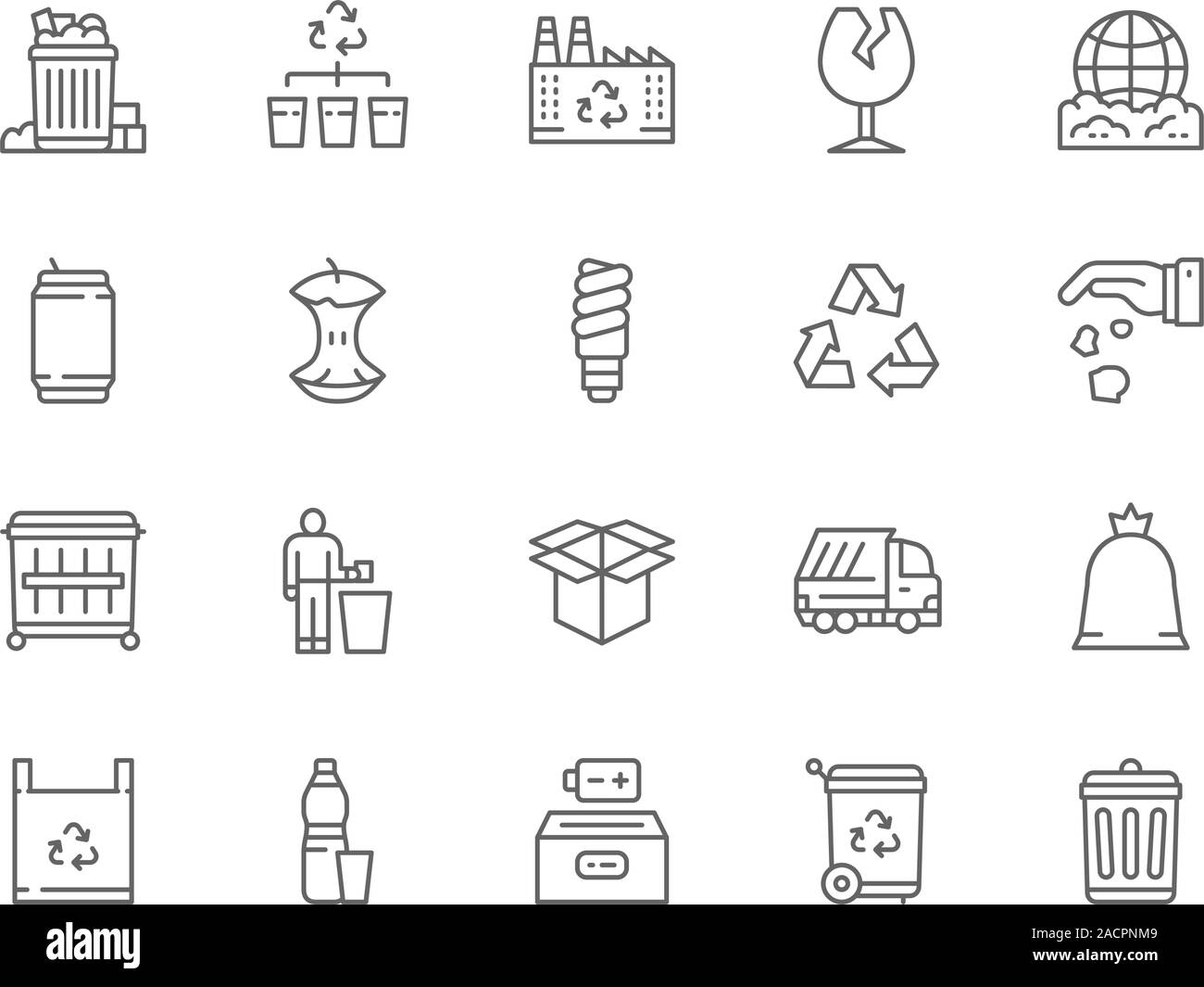 Set of Garbage Line Icons. Dumpster, Beer Can, Broken Glass, Apple Core ...