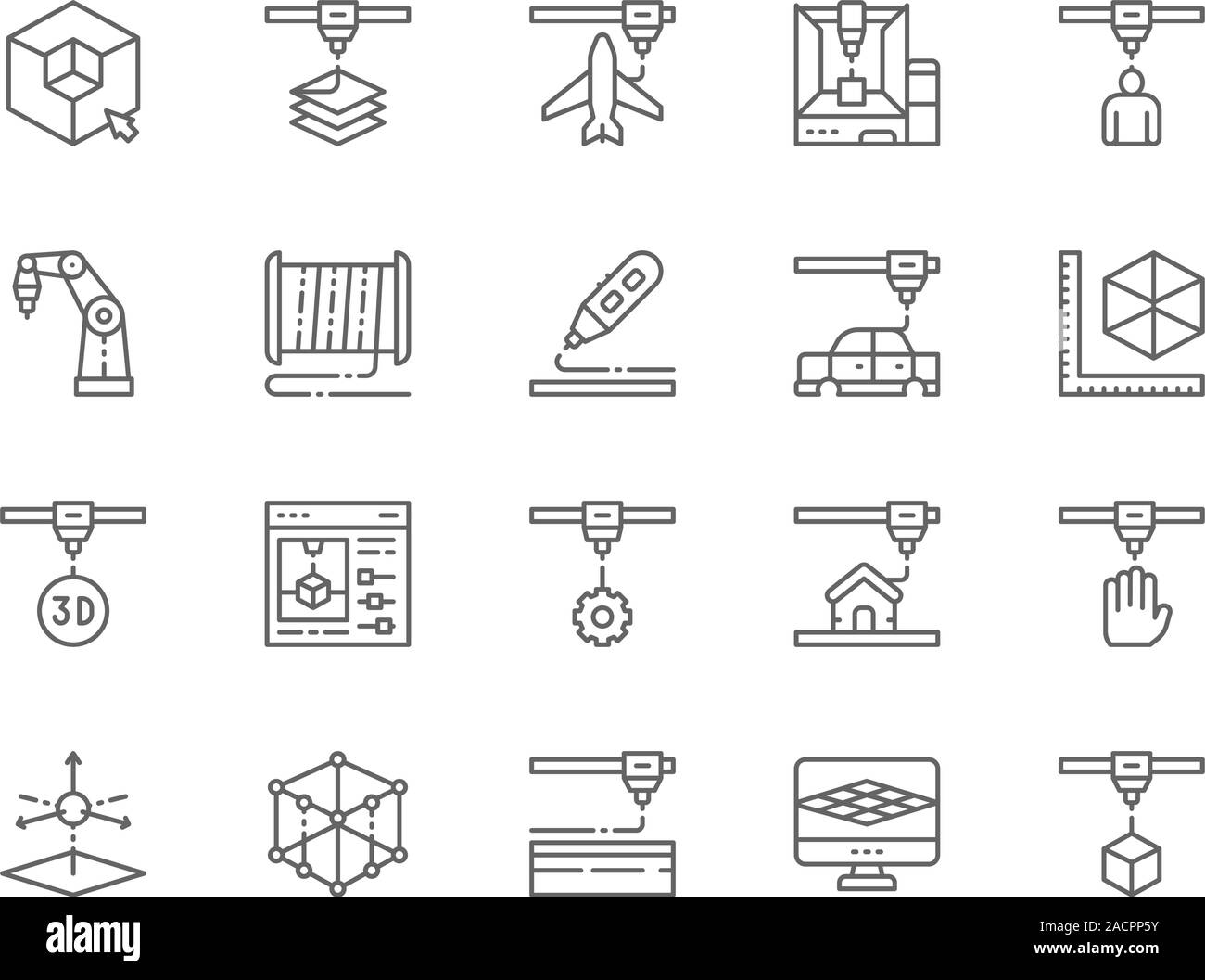 Set of 3D Printing Line Icons. Industrial Printer, Plastic Thread Reels ...