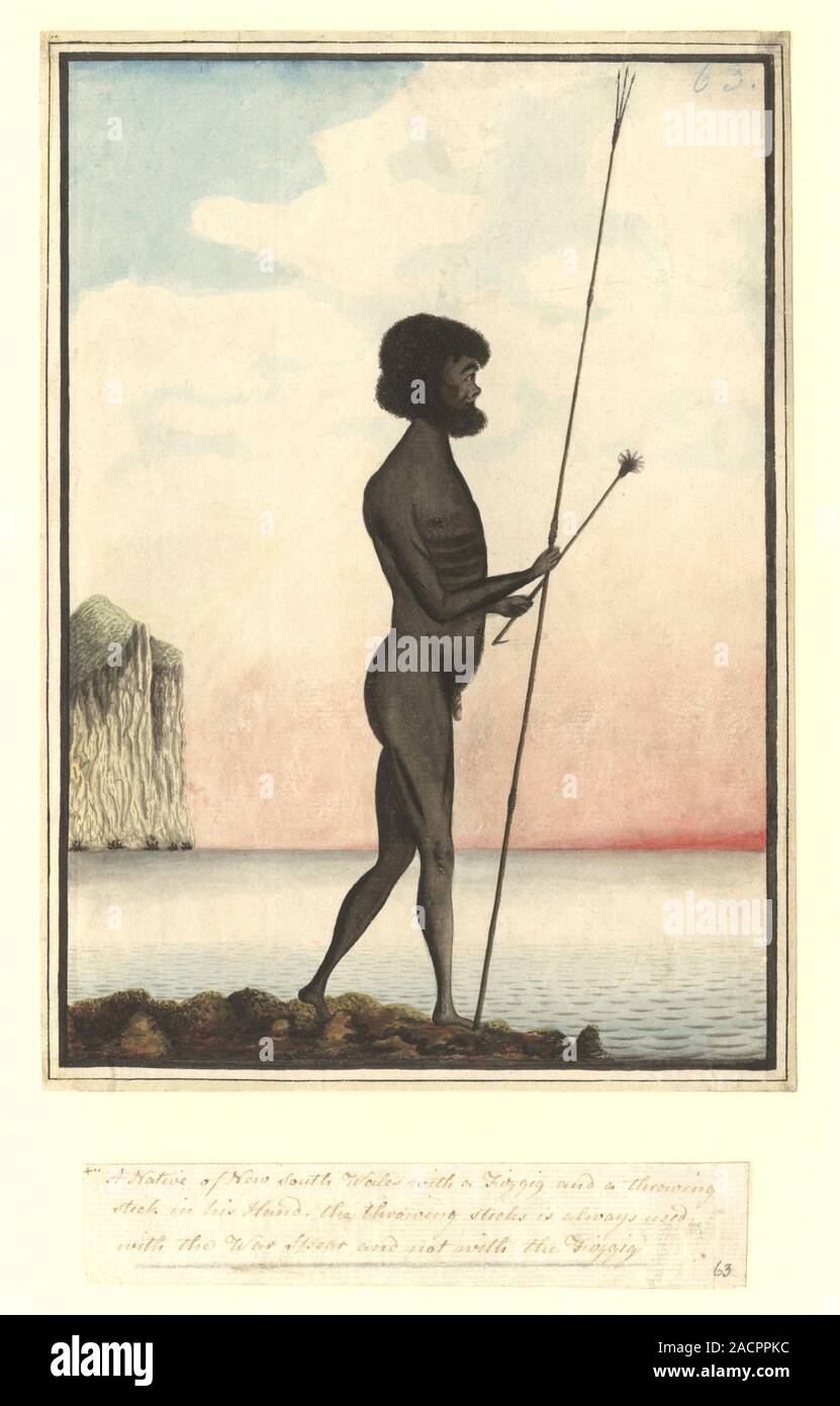 Aboriginal man fishing. 18th-century artwork of a male Australian ...