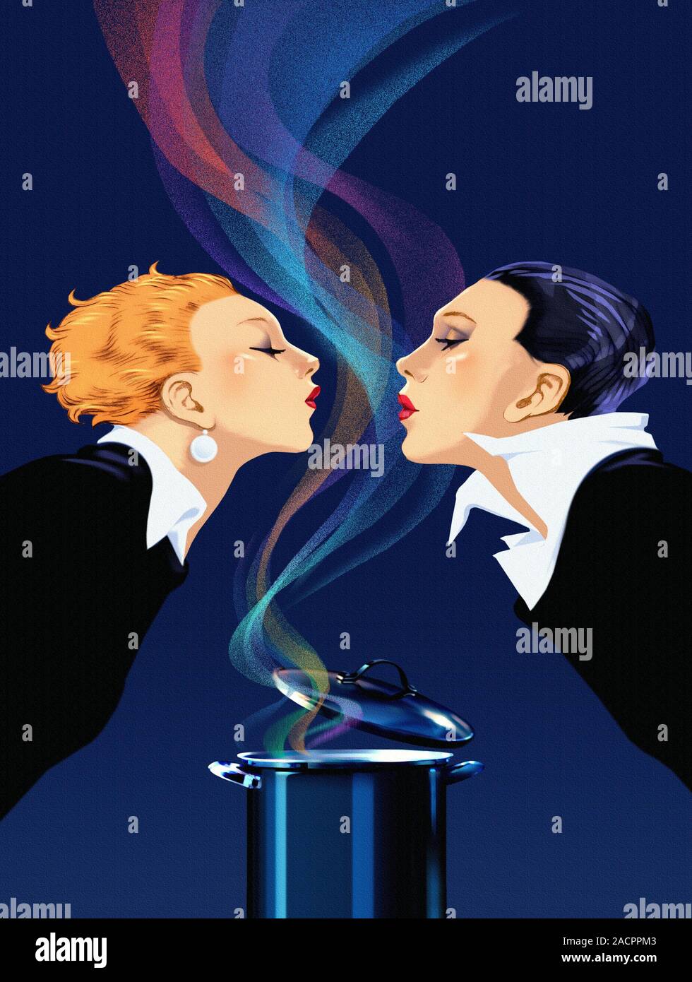 Cooking smells. Artwork of two women inhaling cooking smells from a ...