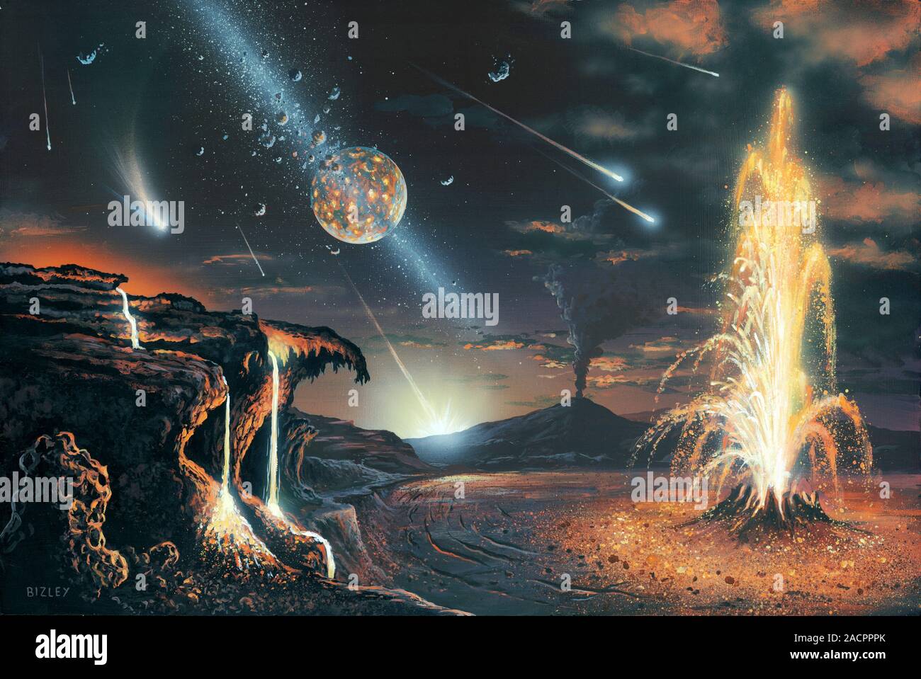 Formation of the Moon. Artwork of the Moon forming in the skies of a ...