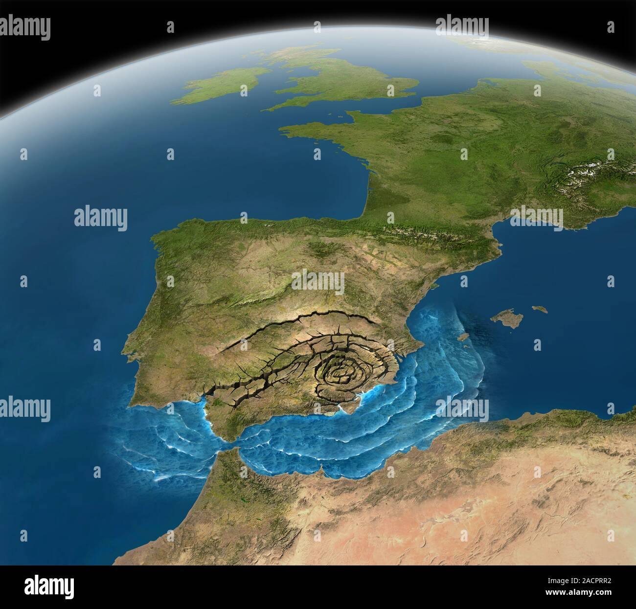 Earthquake. Conceptual artwork of concentric cracks and ripples both on ...
