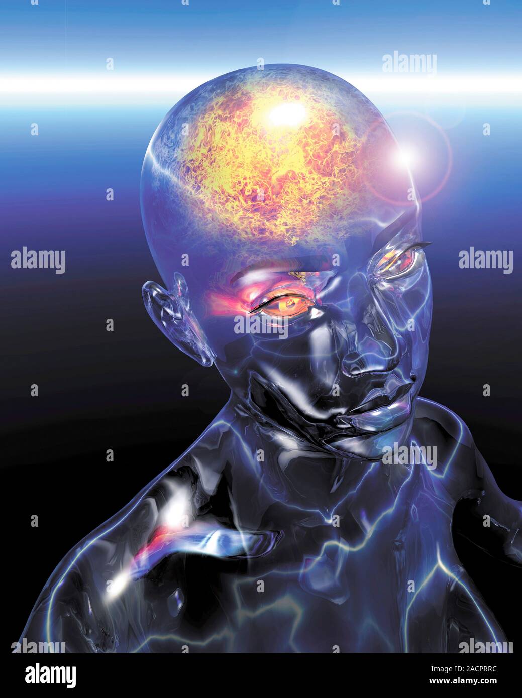 Cyborg brain. Artwork of a humanoid with the brain highlighted. The ...