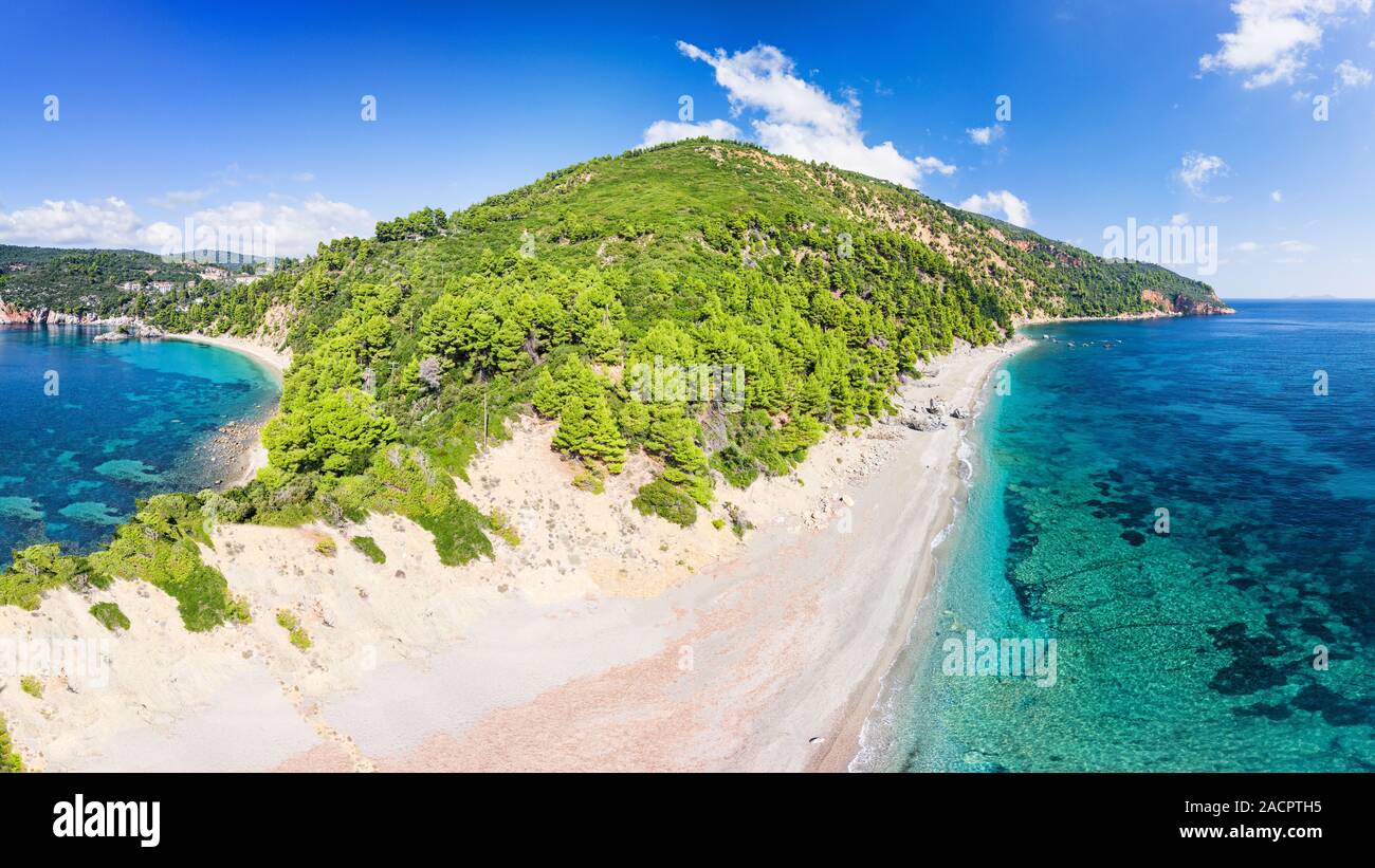 The beaches Stafylos and Velanio of Skopelos island from drone, Greece ...