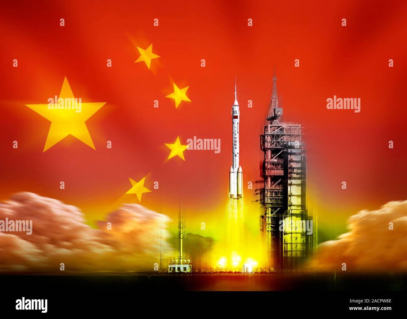 Shenzhou 5 launch. Artwork, with the flag of the People's Republic of ...