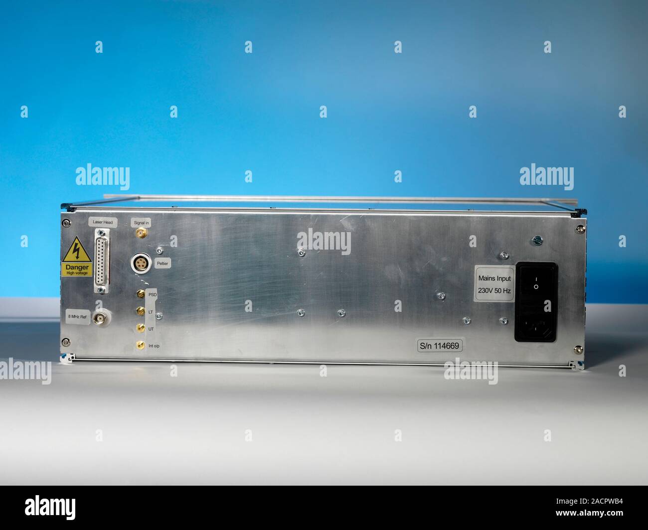Helium-neon laser sockets. Power and input and output sockets on the ...