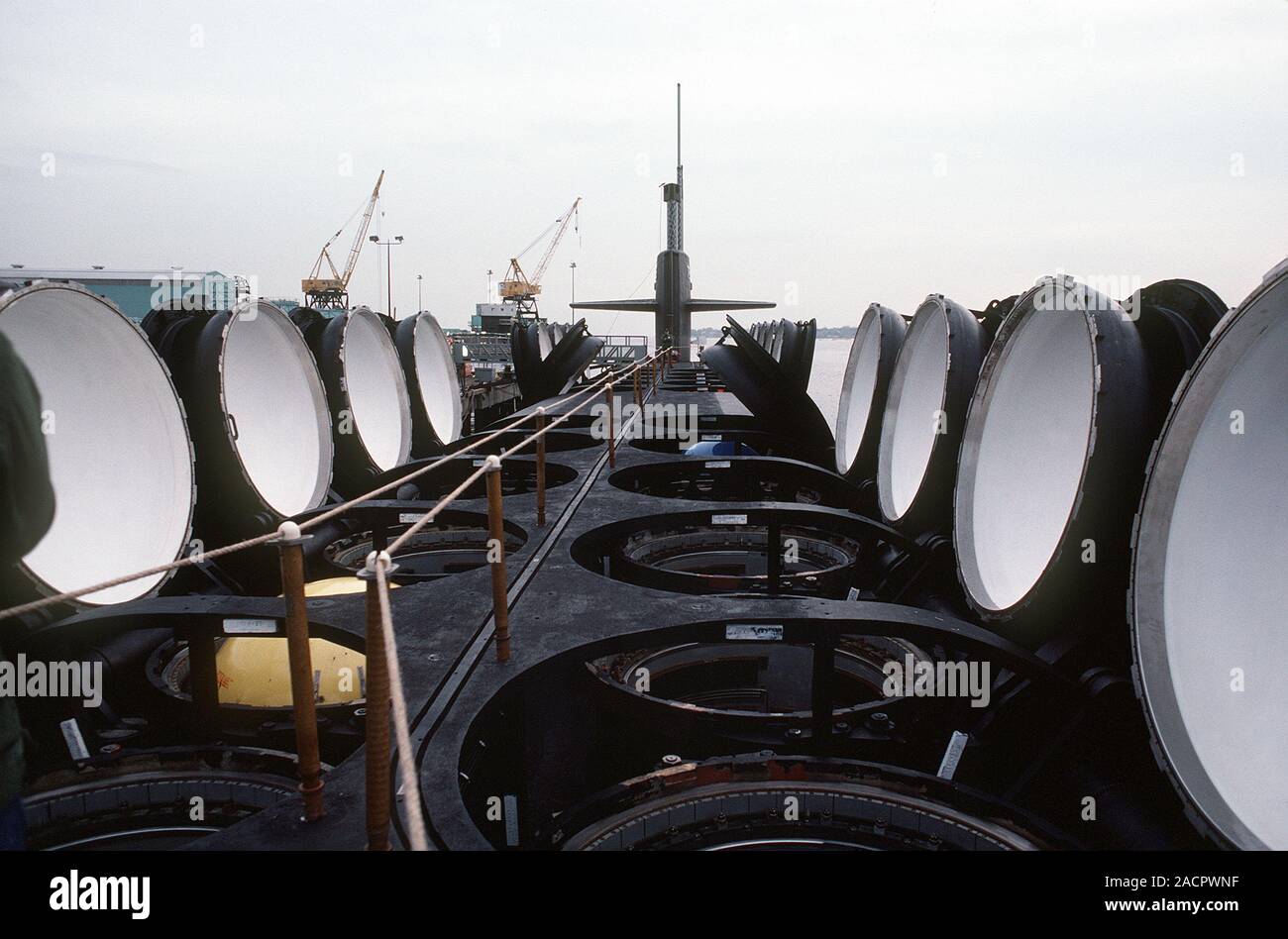 Missile tubes on submarine. Tubes for Trident missiles on the submarine ...
