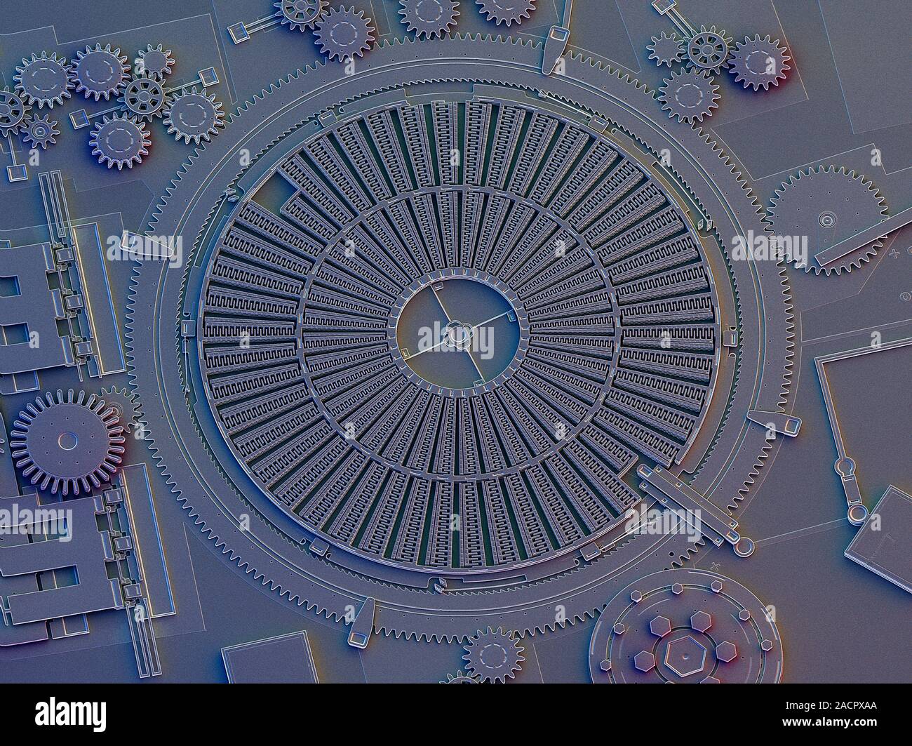 Mems Electrostatic Motor Chip Coloured Scanning Electron Micrograph Of