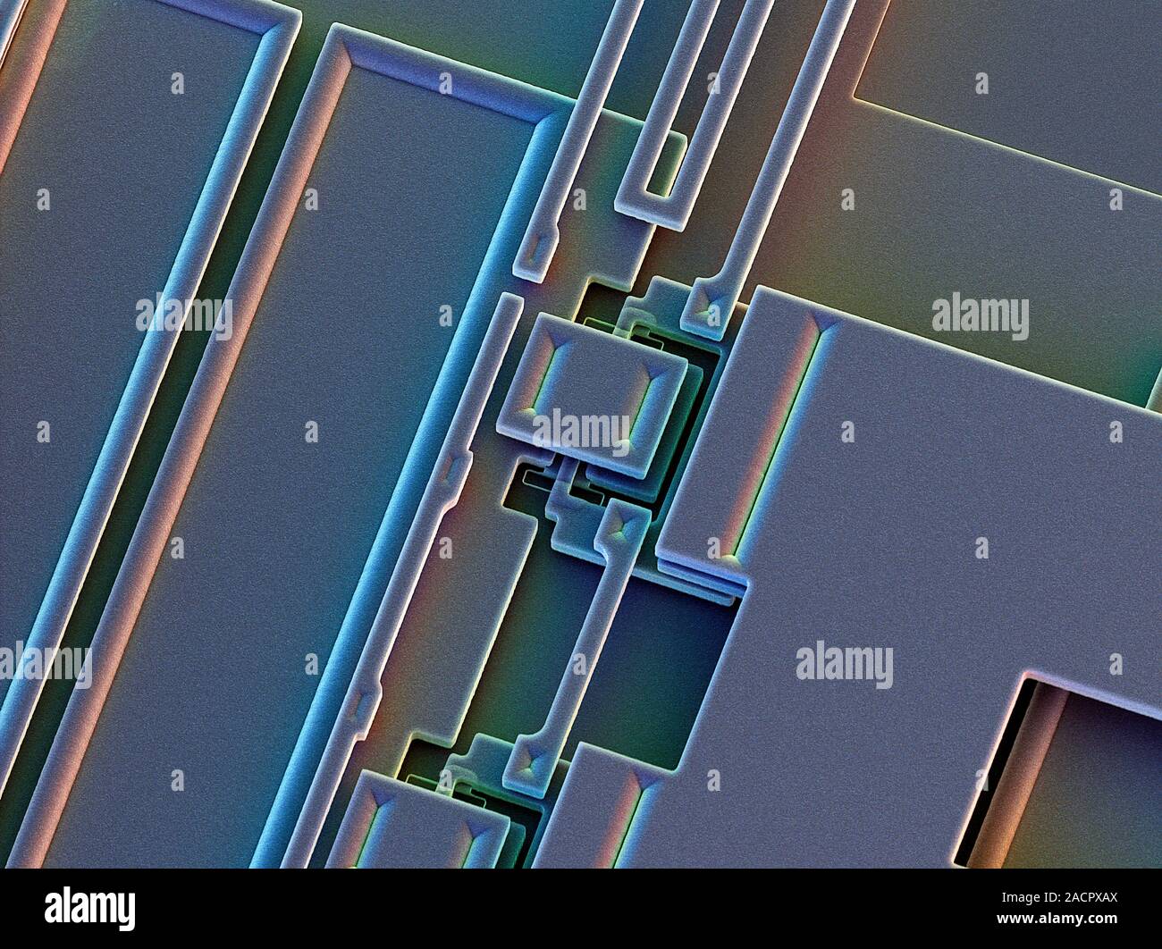 MEMS hinge device. Coloured scanning electron micrograph of a MEMS ...