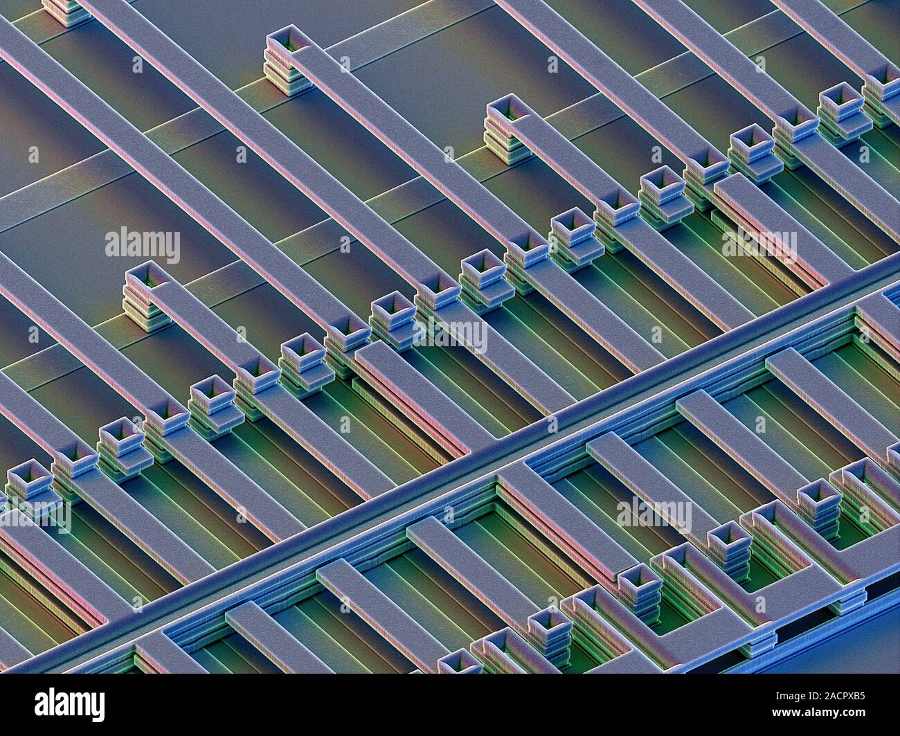 MEMS linear actuator transducer. Coloured scanning electron micrograph ...