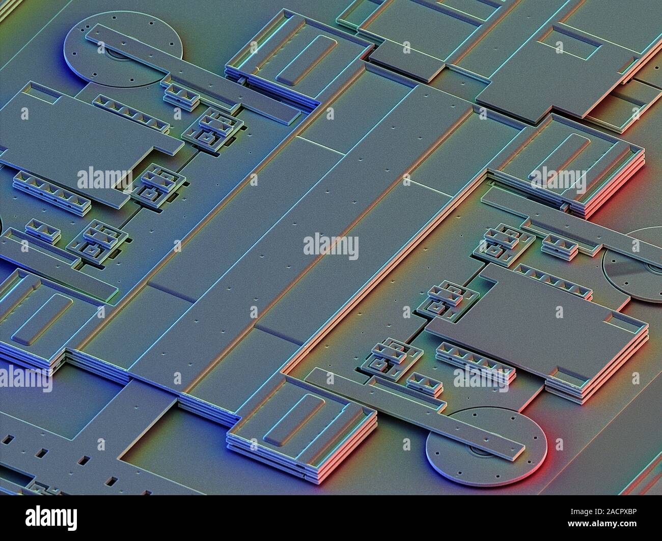 MEMS micro car. Coloured scanning electron micrograph of an ...