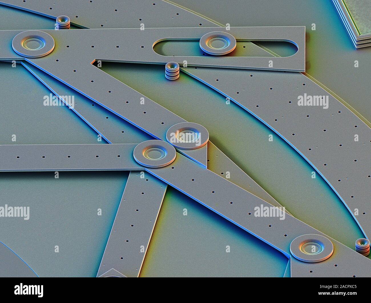 MEMS motion translation device. Coloured scanning electron micrograph ...