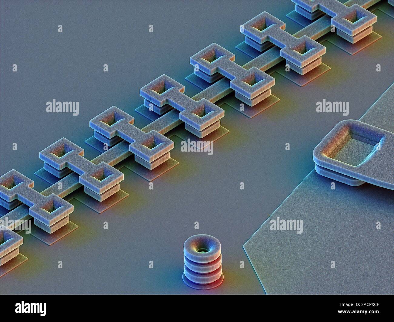 MEMS linear motion actuator device. Coloured scanning electron ...