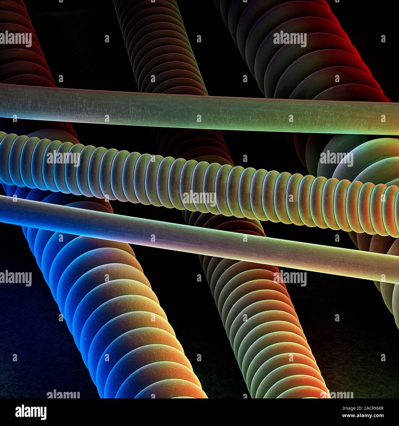 Guitar strings. Coloured scanning electron micrograph (SEM) of a set of ...