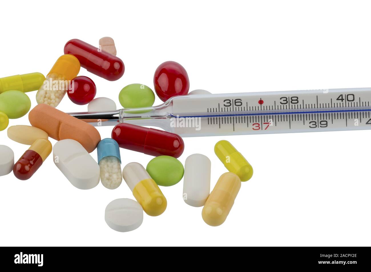 Fever meter and tablets Stock Photo - Alamy