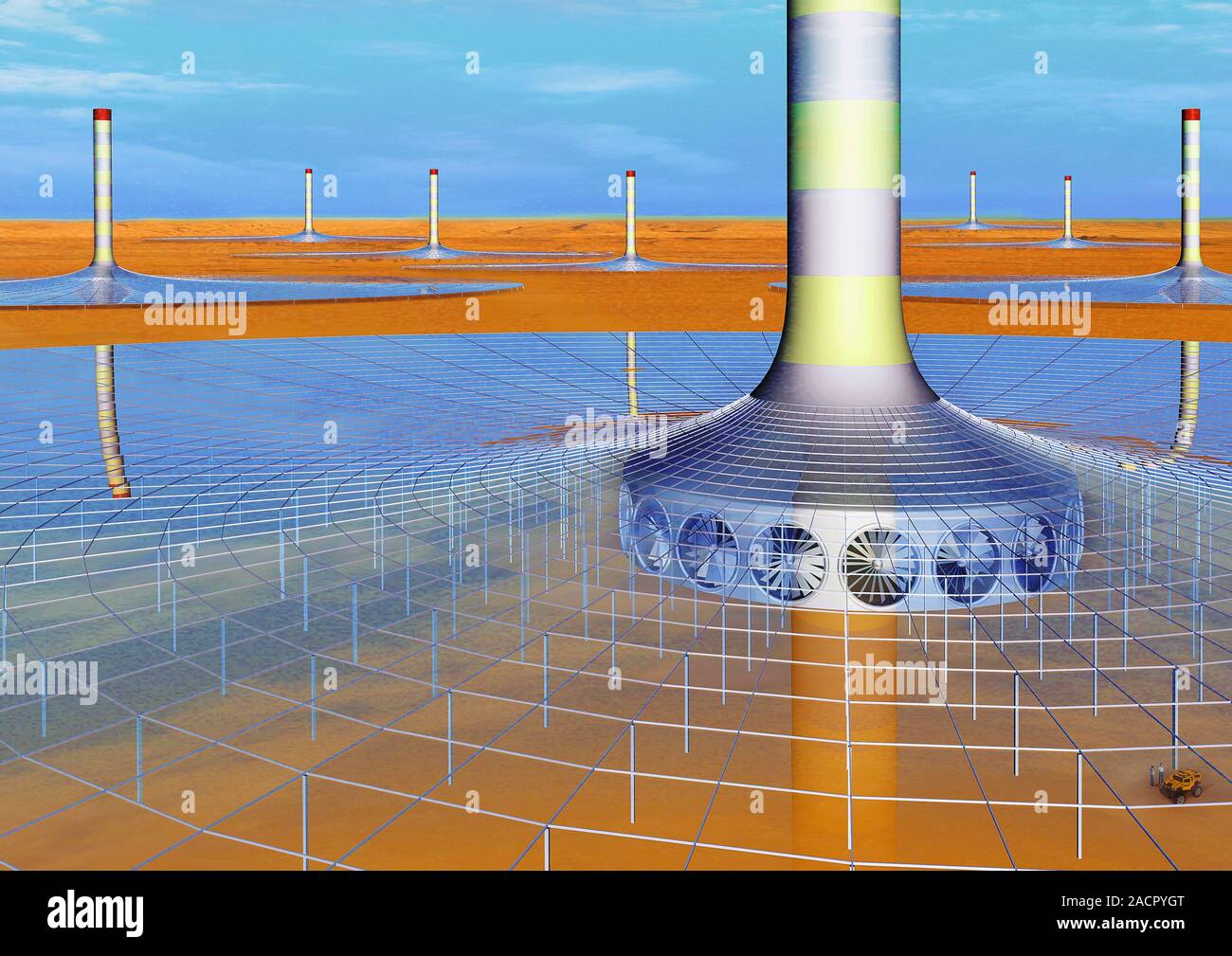 Upwind power plant, computer artwork. In an upwind power station, hot ...