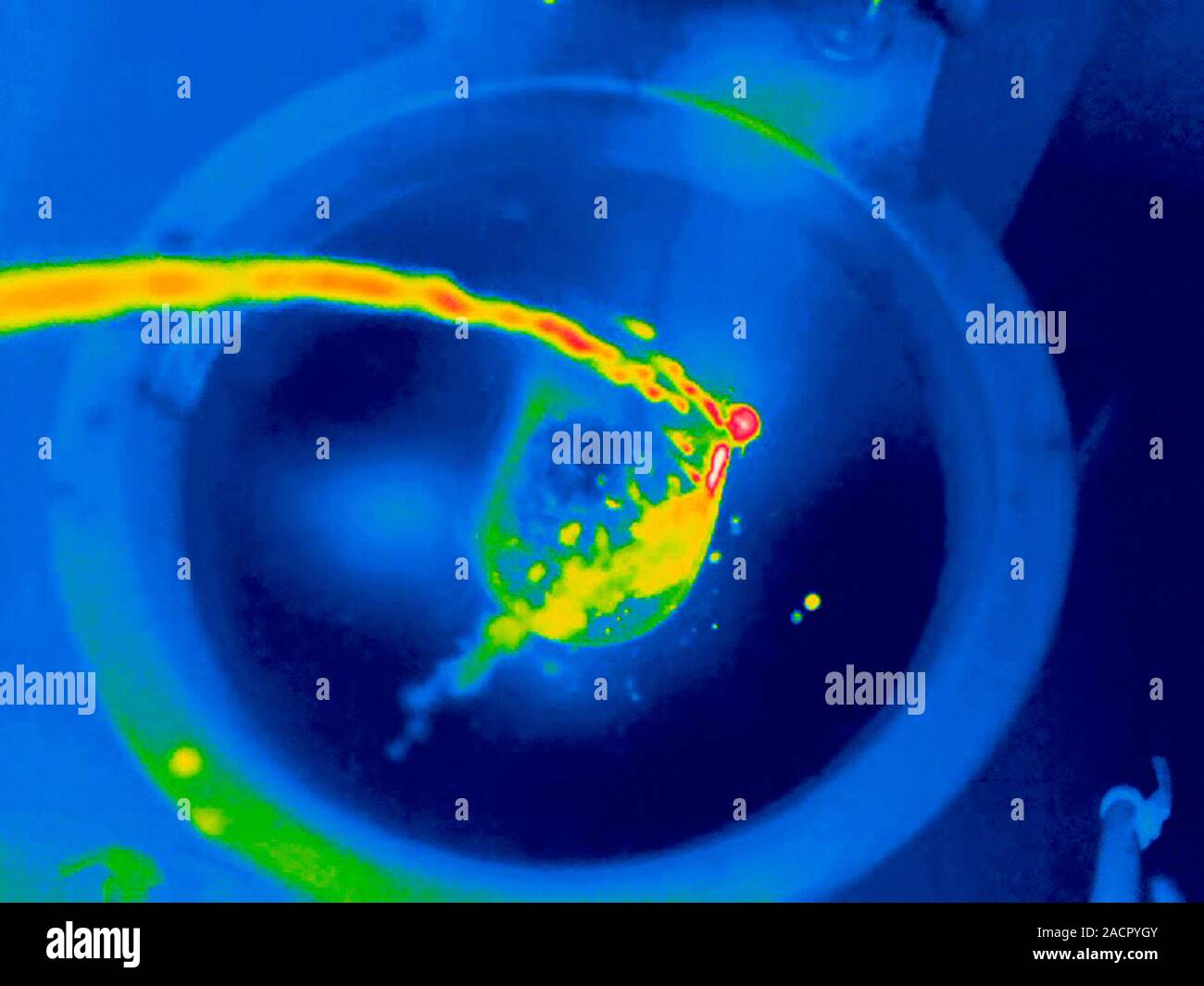 Man urinating. Thermogram of a man urinating into a toilet. The colours ...