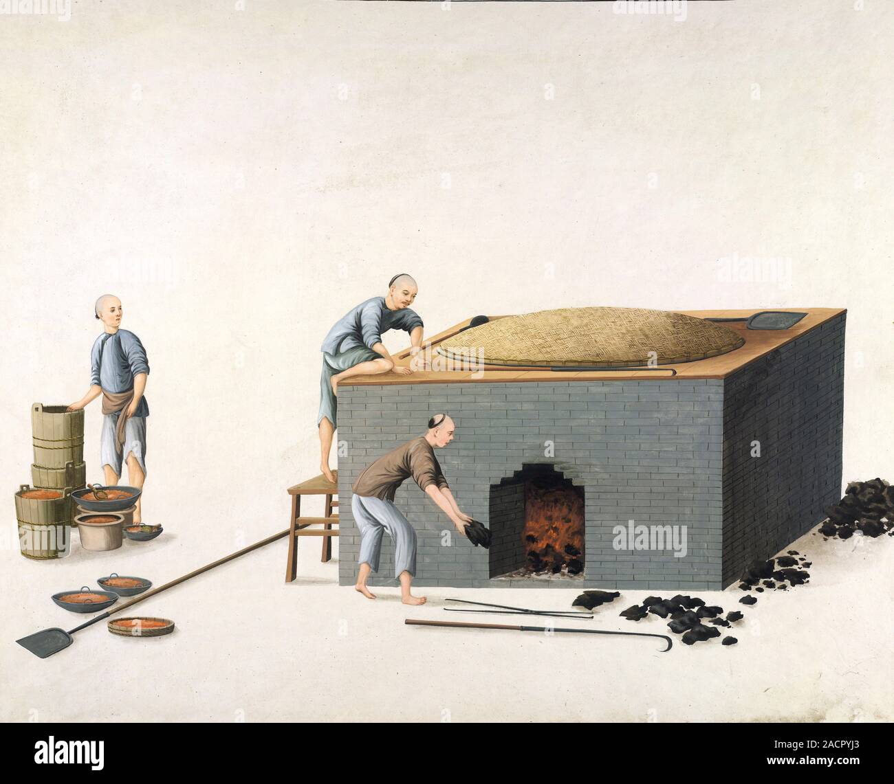 Red lead production. 19th-century artwork showing workers in China ...