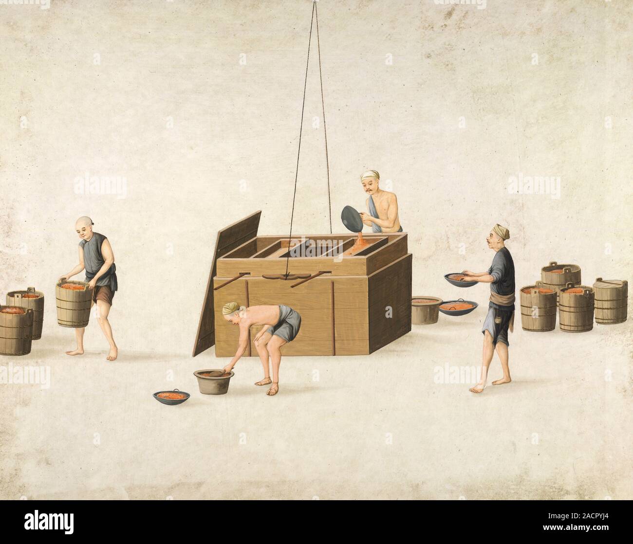 Red lead production. 19th-century artwork showing workers in China ...