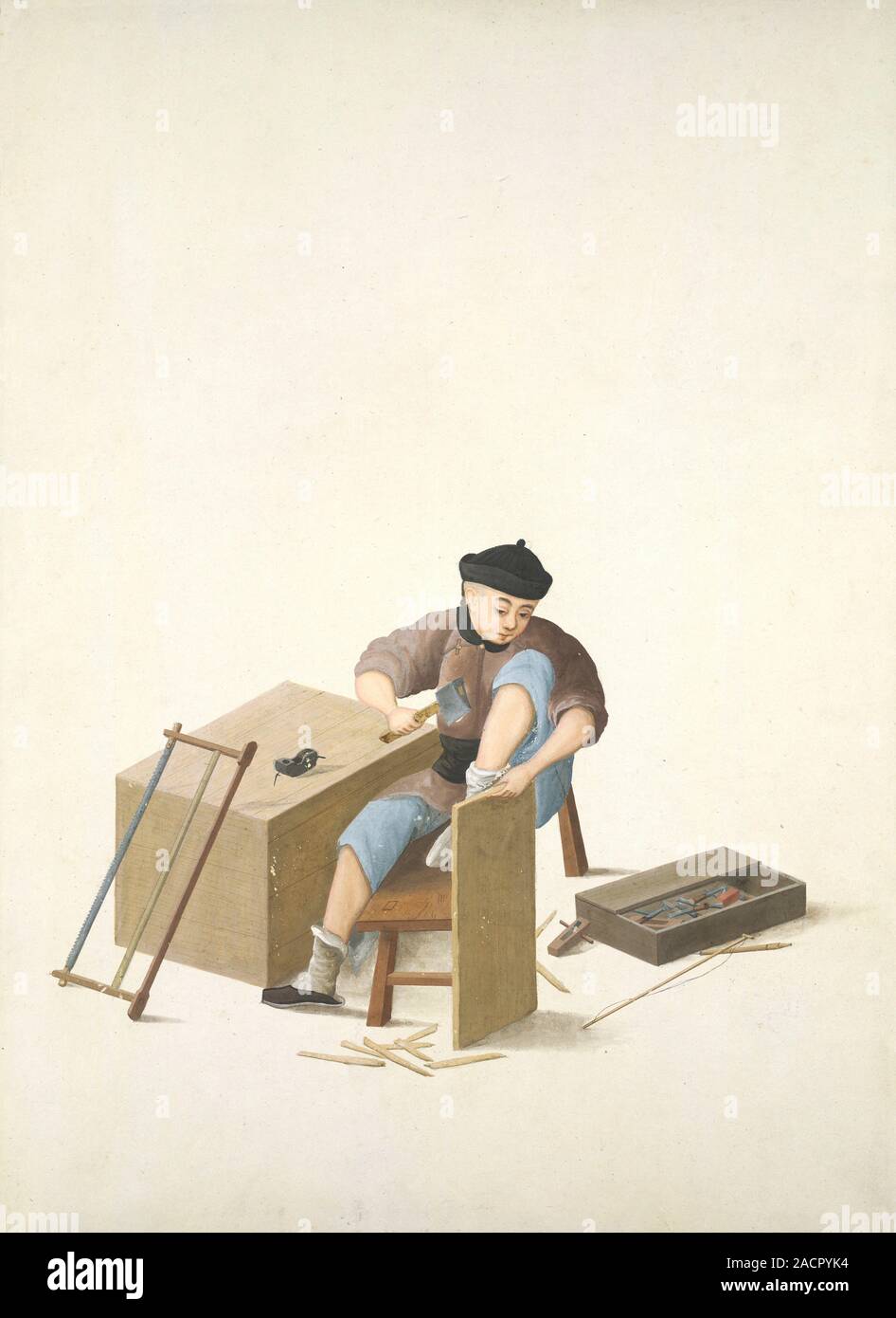 Carpenter. 19th-century artwork of a man in China using carpentry tools ...