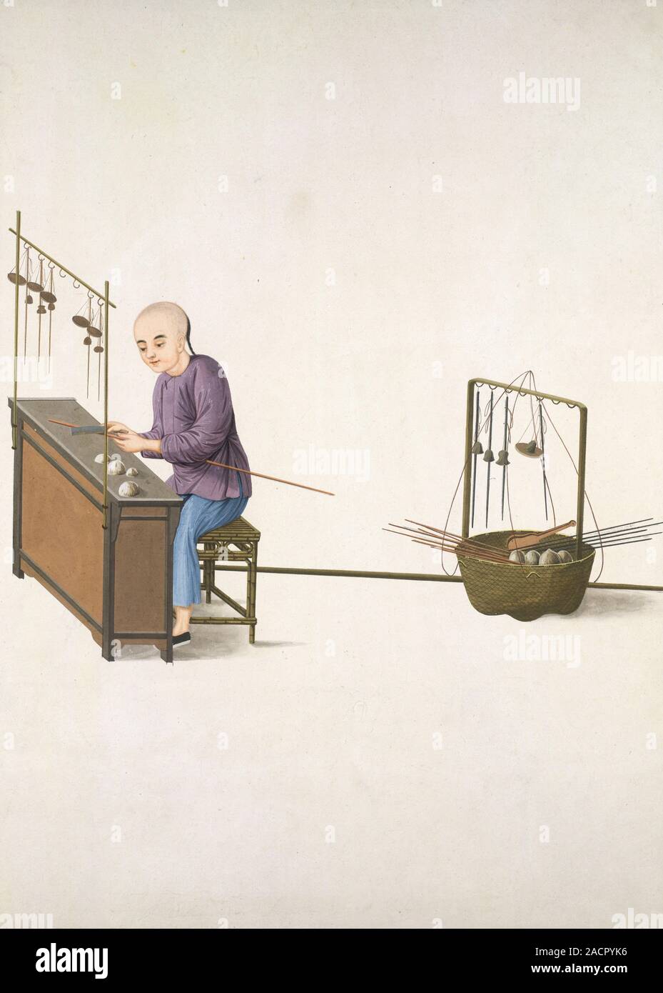 Weighing scale-maker. 19th-century artwork of a man in China making ...
