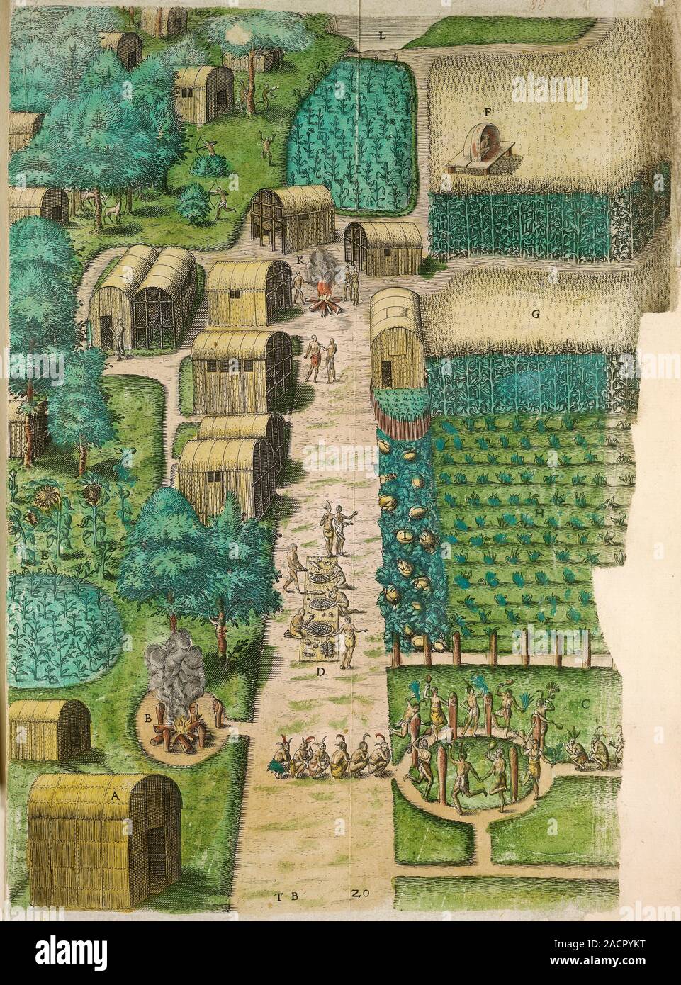 Native American village. Copy of a 16th-century artwork of the ...