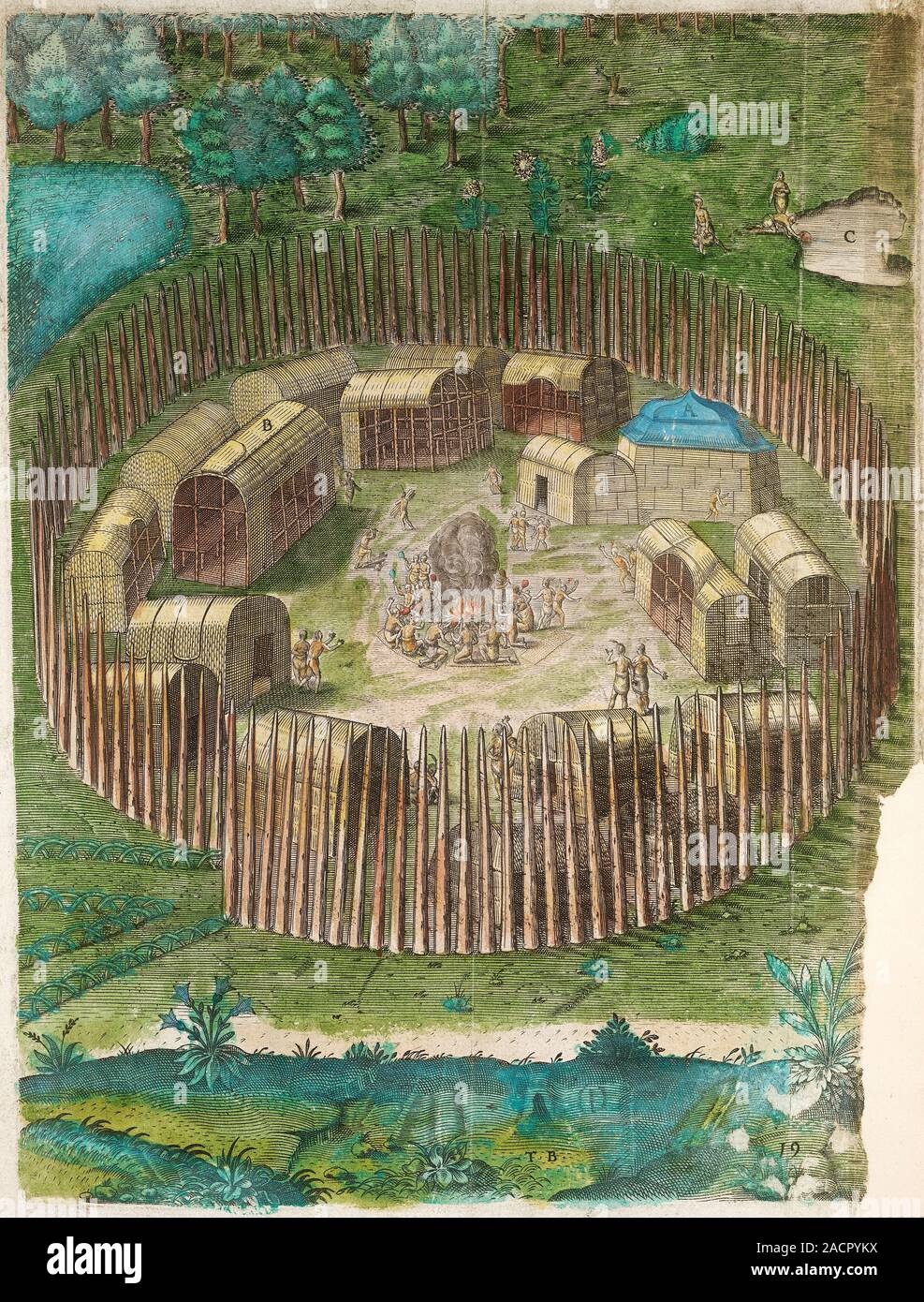 Native American village. Copy of a 16th-century artwork of the ...