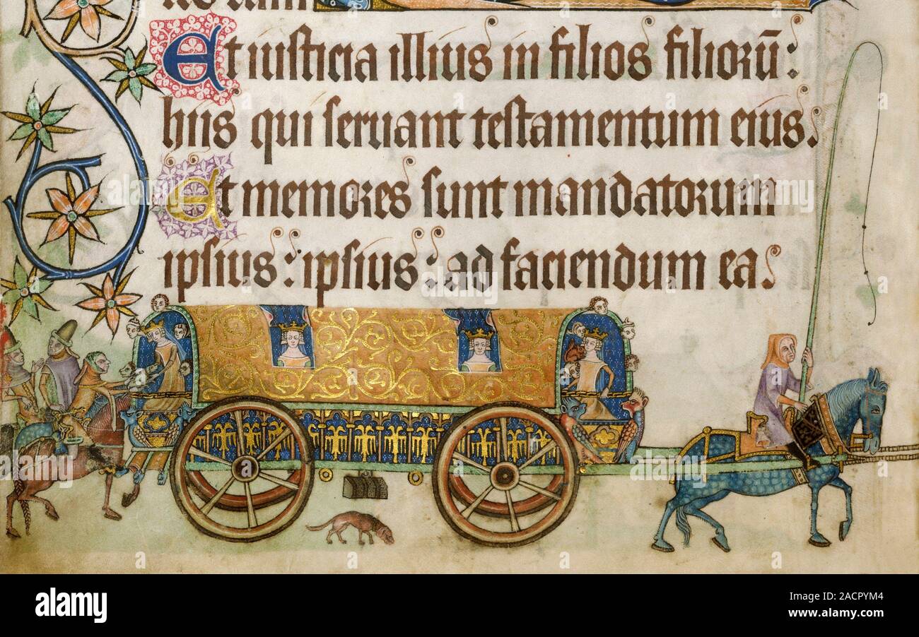 Medieval royal coach. Border illustration from the 14th-century ...