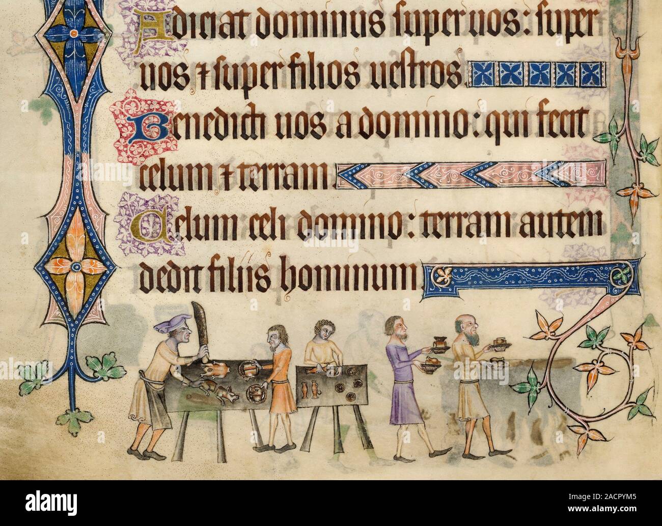 Medieval kitchen. Border illustration from the 14th-century Luttrell ...