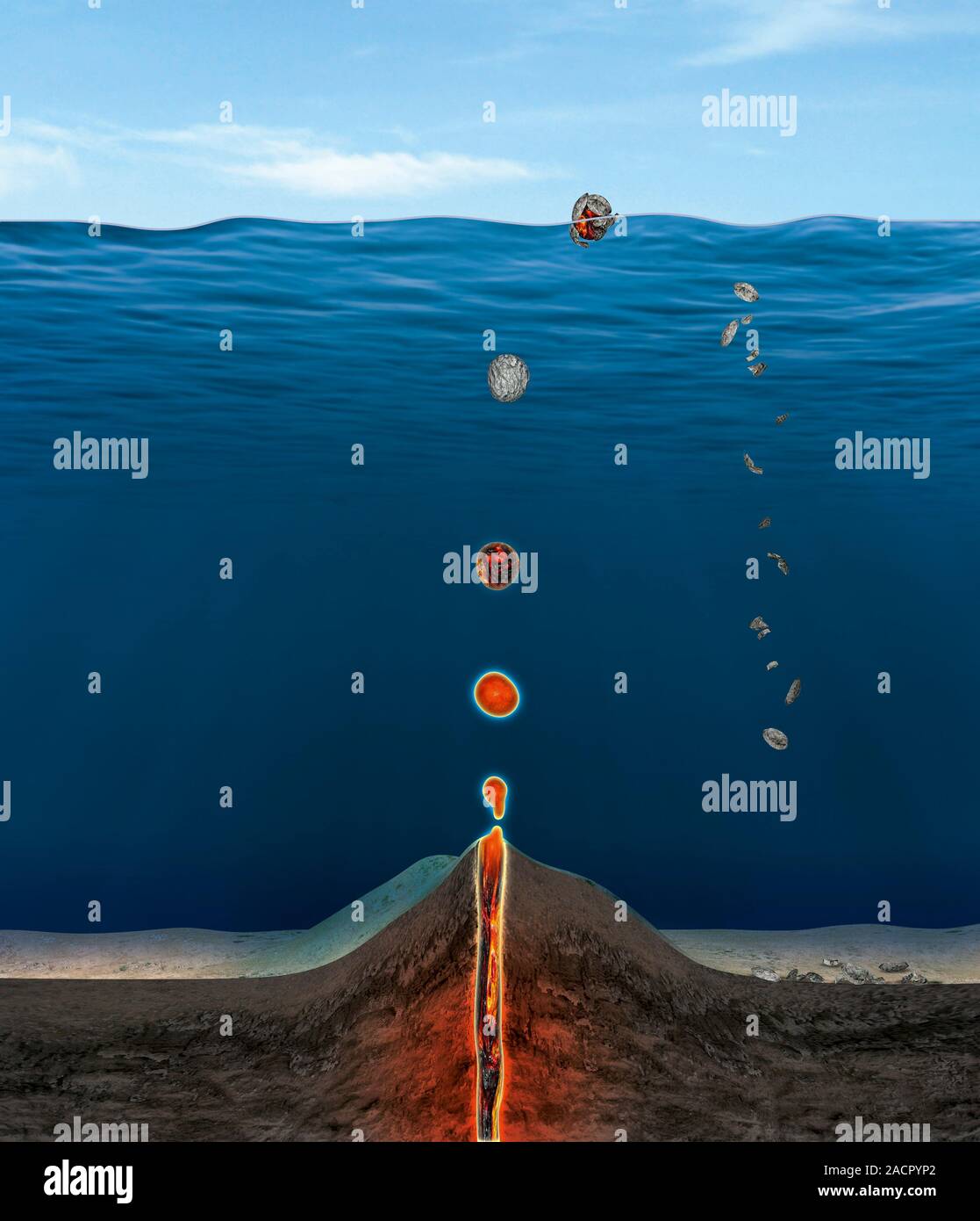 Tangaroan volcanic eruption. Computer artwork of an underwater volcano ...