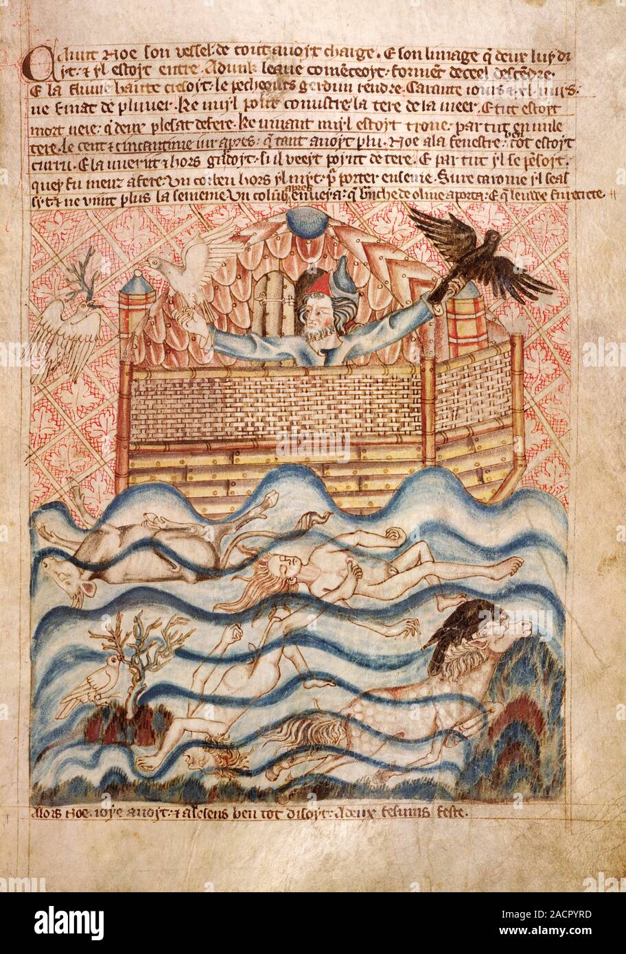 Noah's Flood. 14th-century manuscript illustration showing a scene from ...